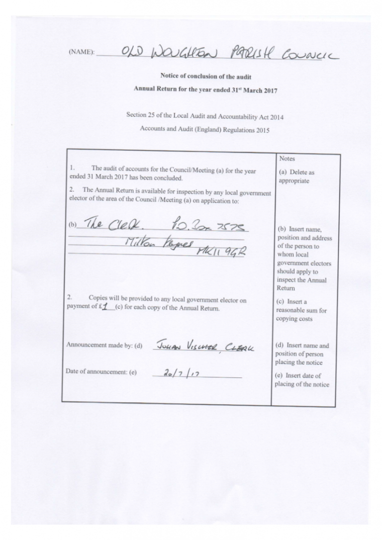 Completion of Audit 2017 – Old Woughton Parish Council